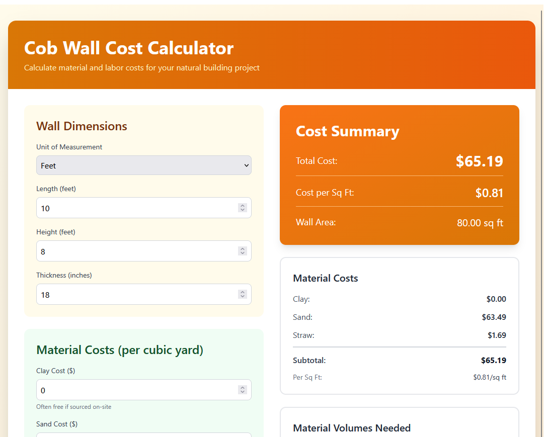 Cob Wall Cost Calculator · Cob & Natural Building School