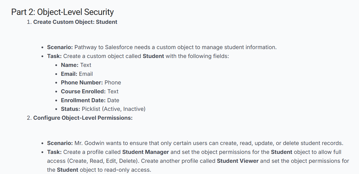ASSIGNMENT: OBJECT-LEVEL SECURITY · Pathway To Salesforce (PTS)