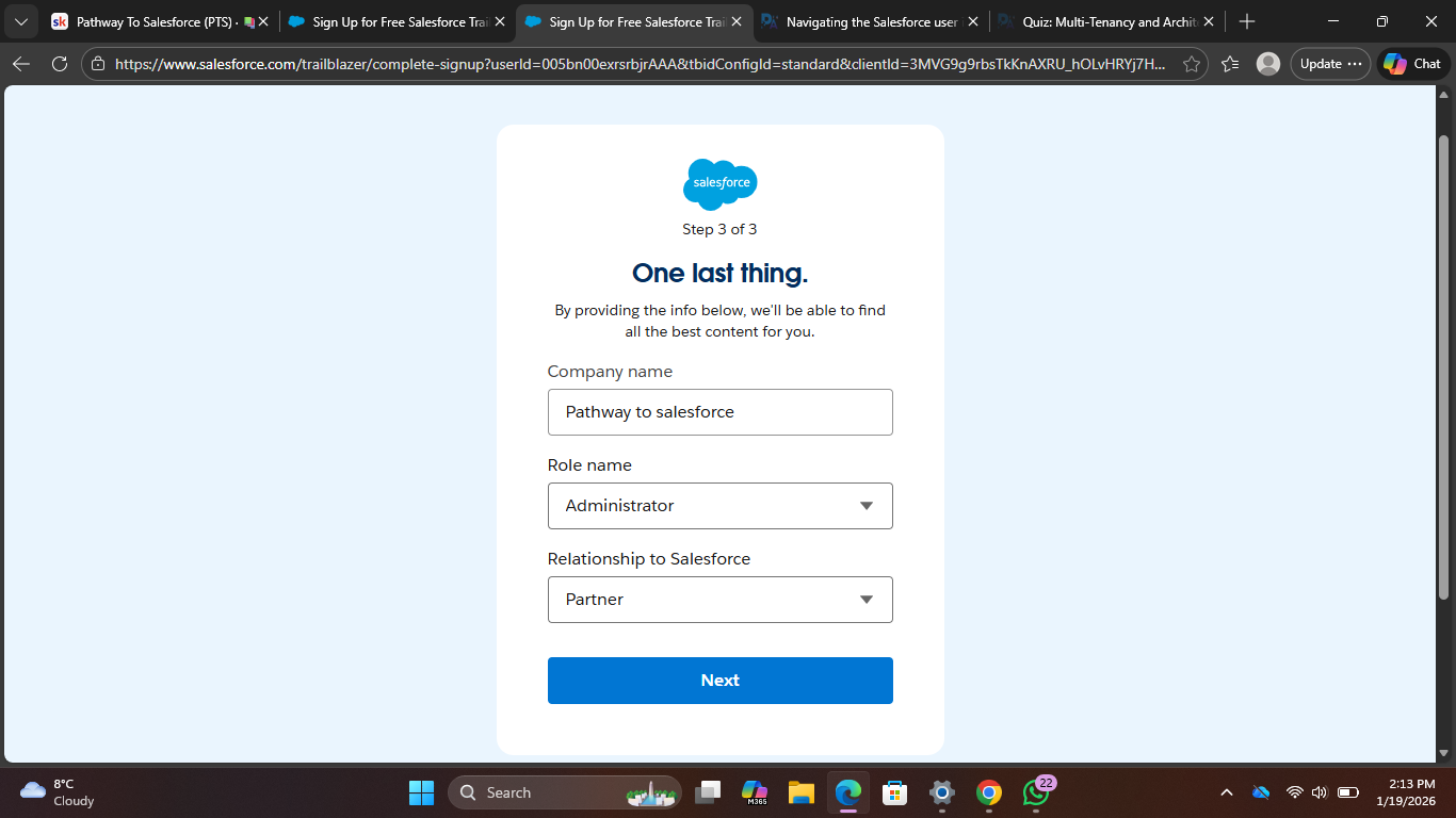 Signing up to the free trailblazer account · Pathway To Salesforce (PTS)