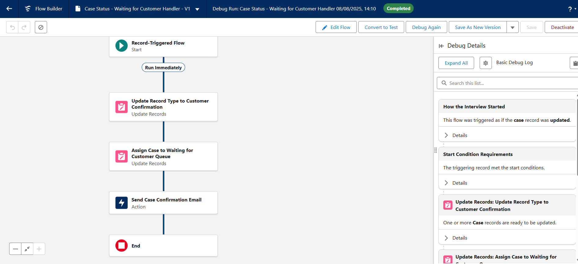 Salesforce Flow: Auto Case Update + Email on Status = 'Waiting for ...