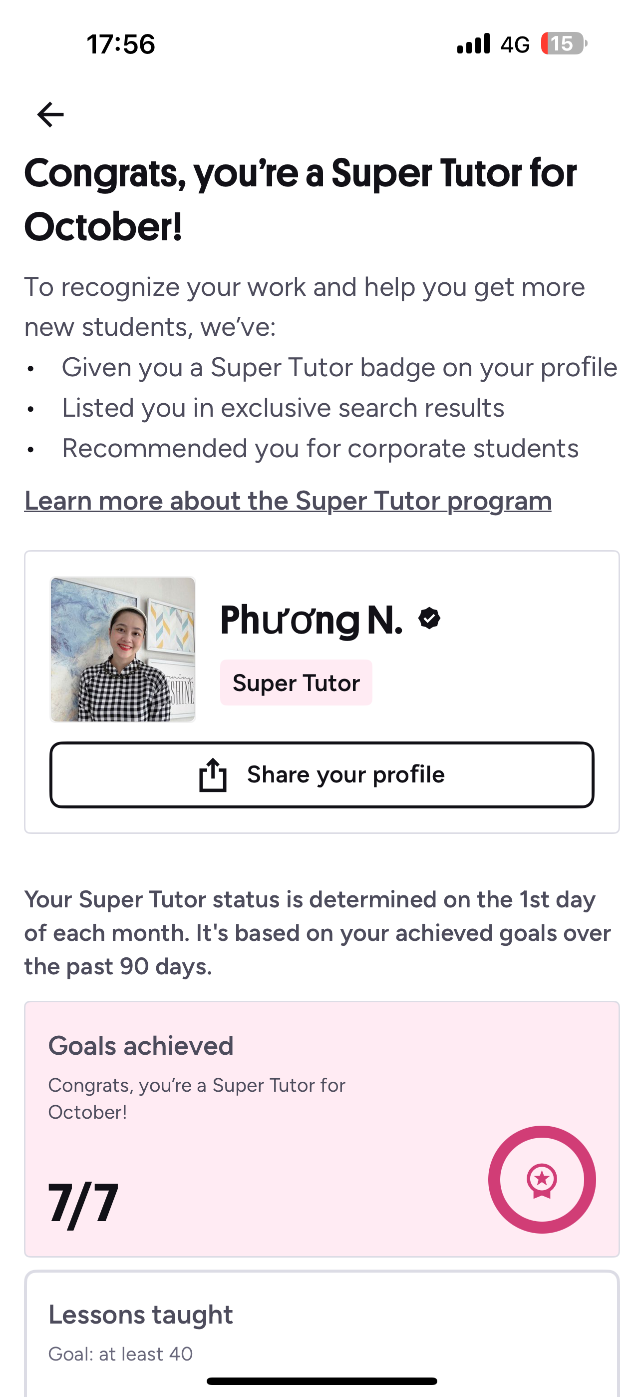 Cảm ơn 5M, em/ mình đã đạt Super Tutor · 5m.