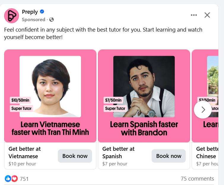 Super tutor và Preply quảng cáo profile · 5 Minutes Vietnamese