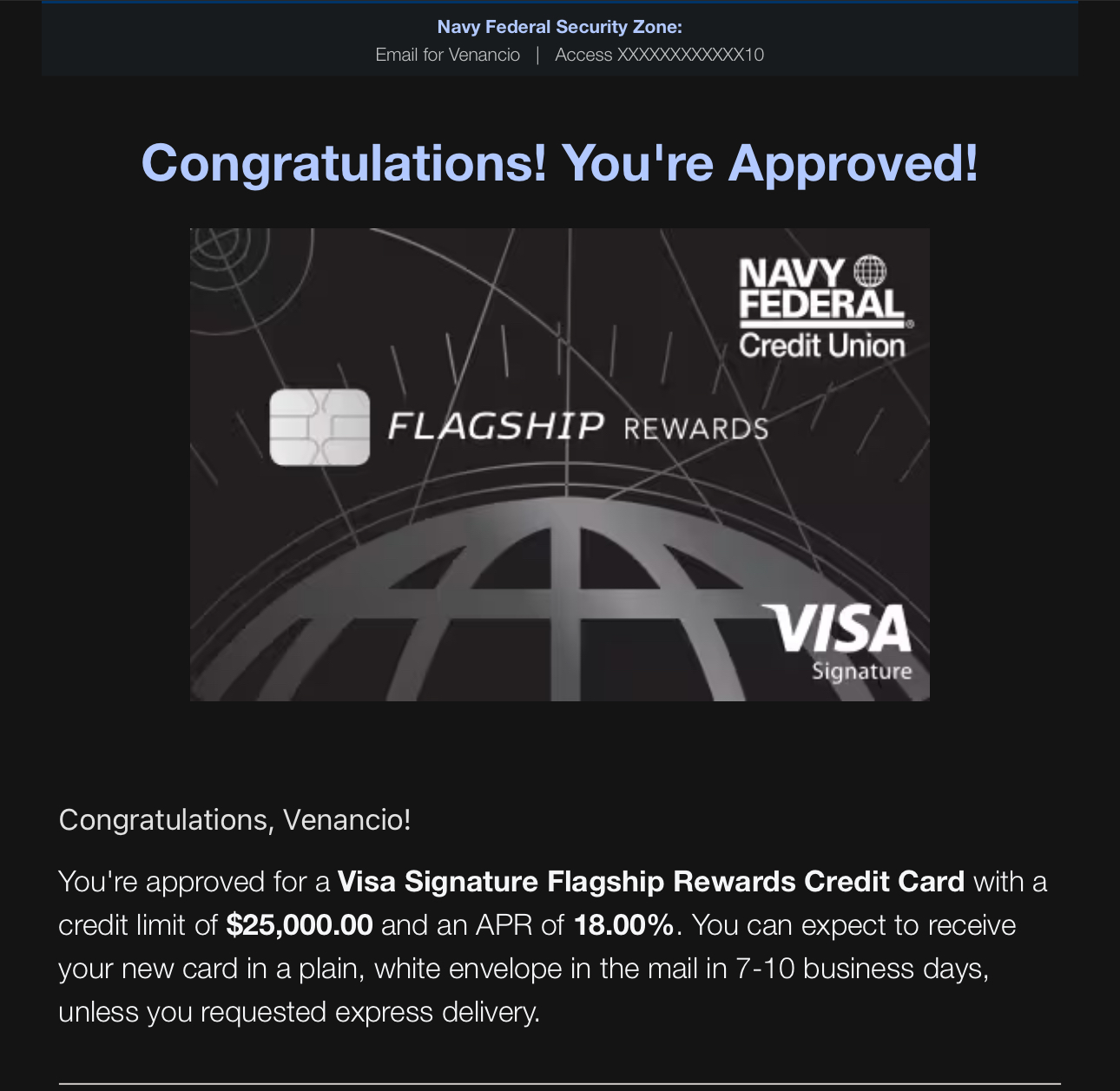 Approved for second card with NFCU · TRAPPERS WAYOUT JUNIOR COLLEGE