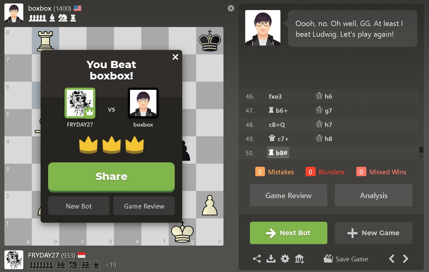 Finally beat da 1400 elo bot · Top Chess Gang