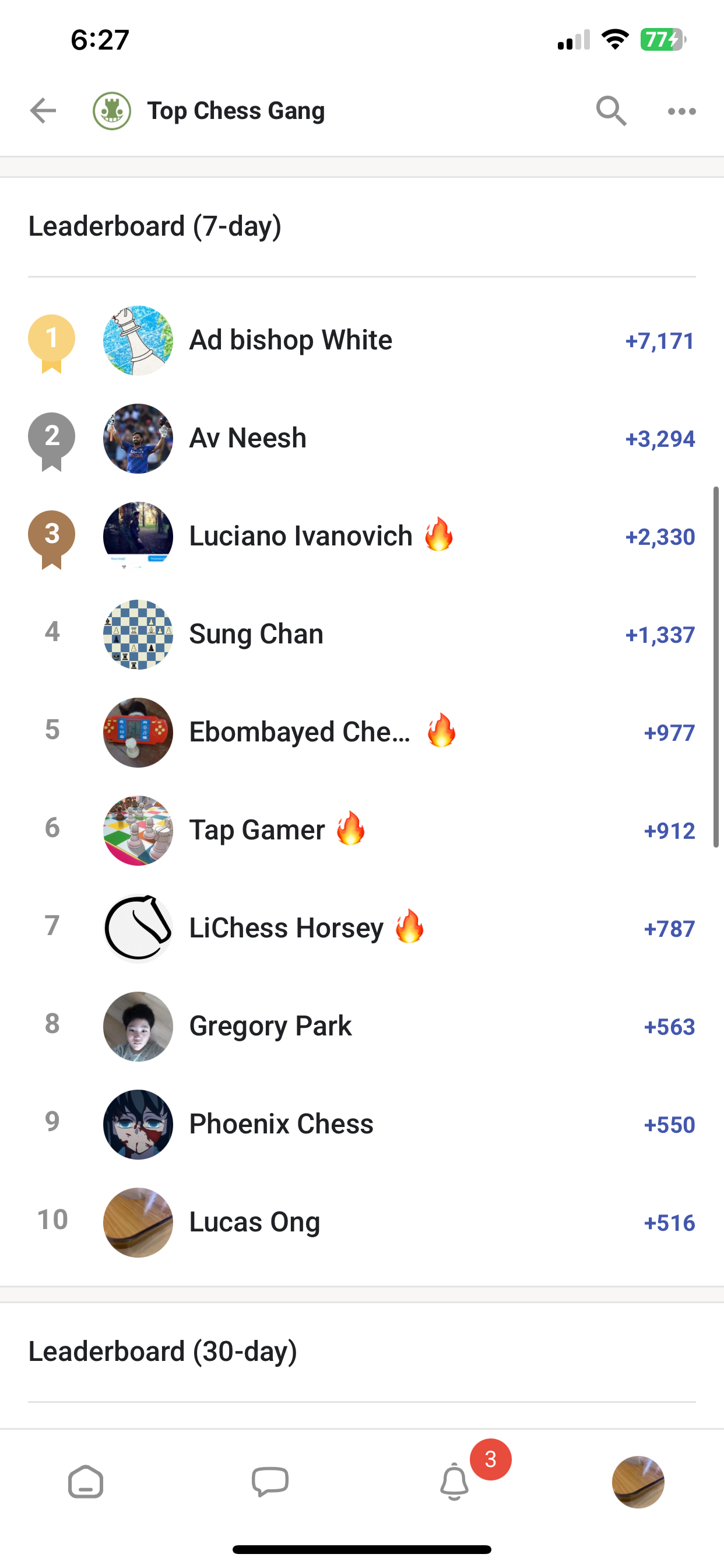 Yo I’m in the 7 day leaderboard · Top Chess Gang