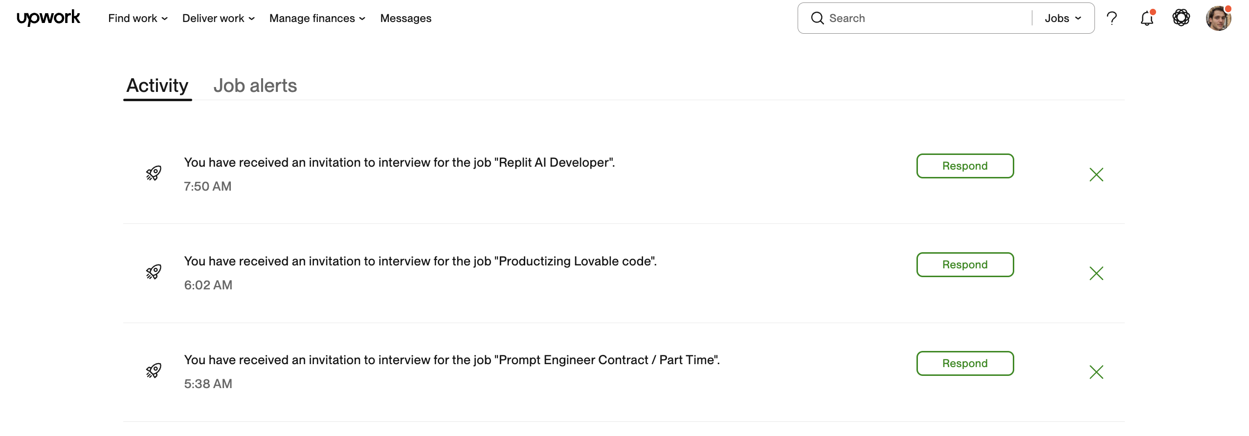 3 job invitations on upwork in less than 2 hours · Upwork Outbound (Free)