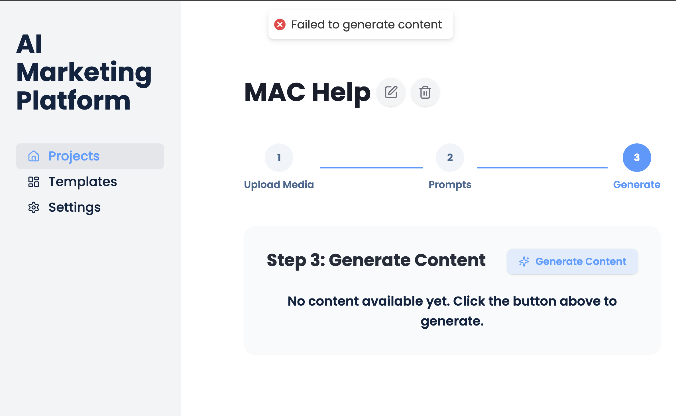 AI Marketing Platform - content generation error · AI Developer Accelerator