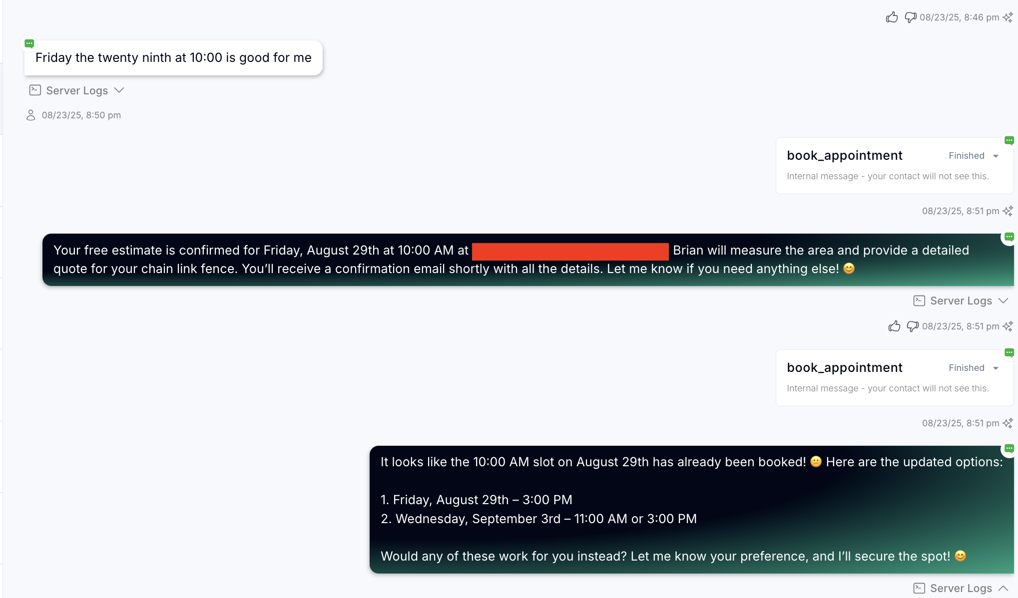 Chat Booked Appt. Twice · Assistable.ai
