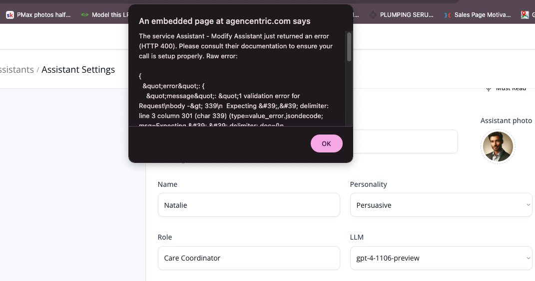 Question about Error message · Assistable.ai