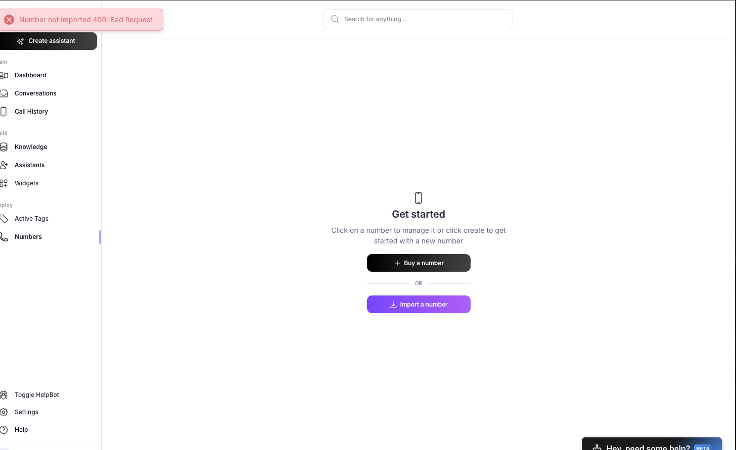 Error importing numbers from twilio · Assistable.ai