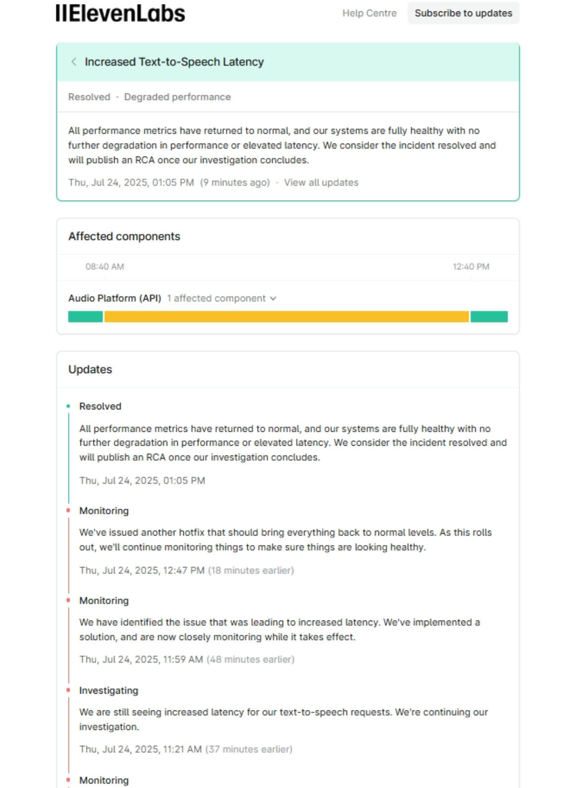 Elevenlabs TTS API Down (UPDATE) (Operational) · Assistable.ai