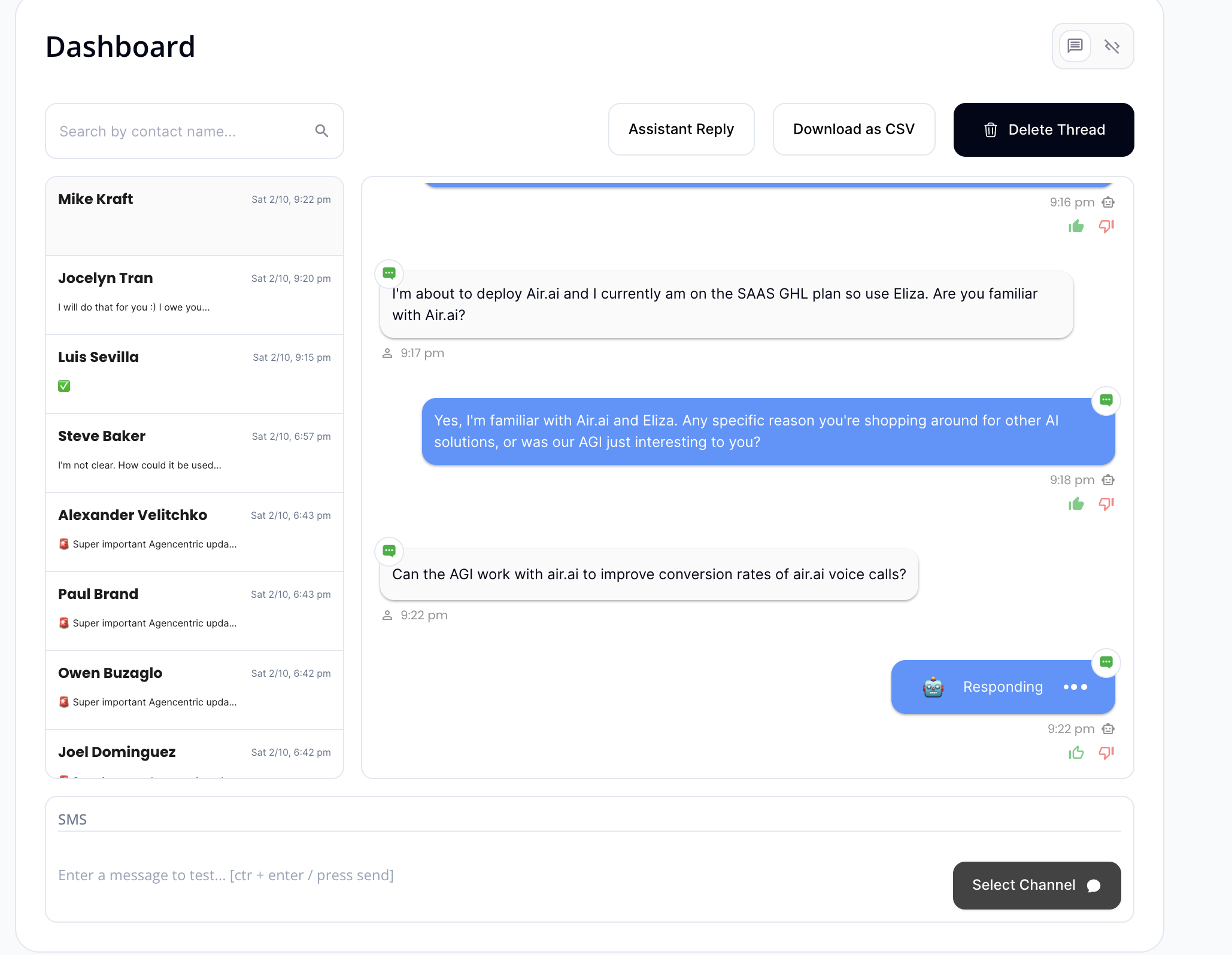 Bot responding indicator in the logs now · Assistable.ai