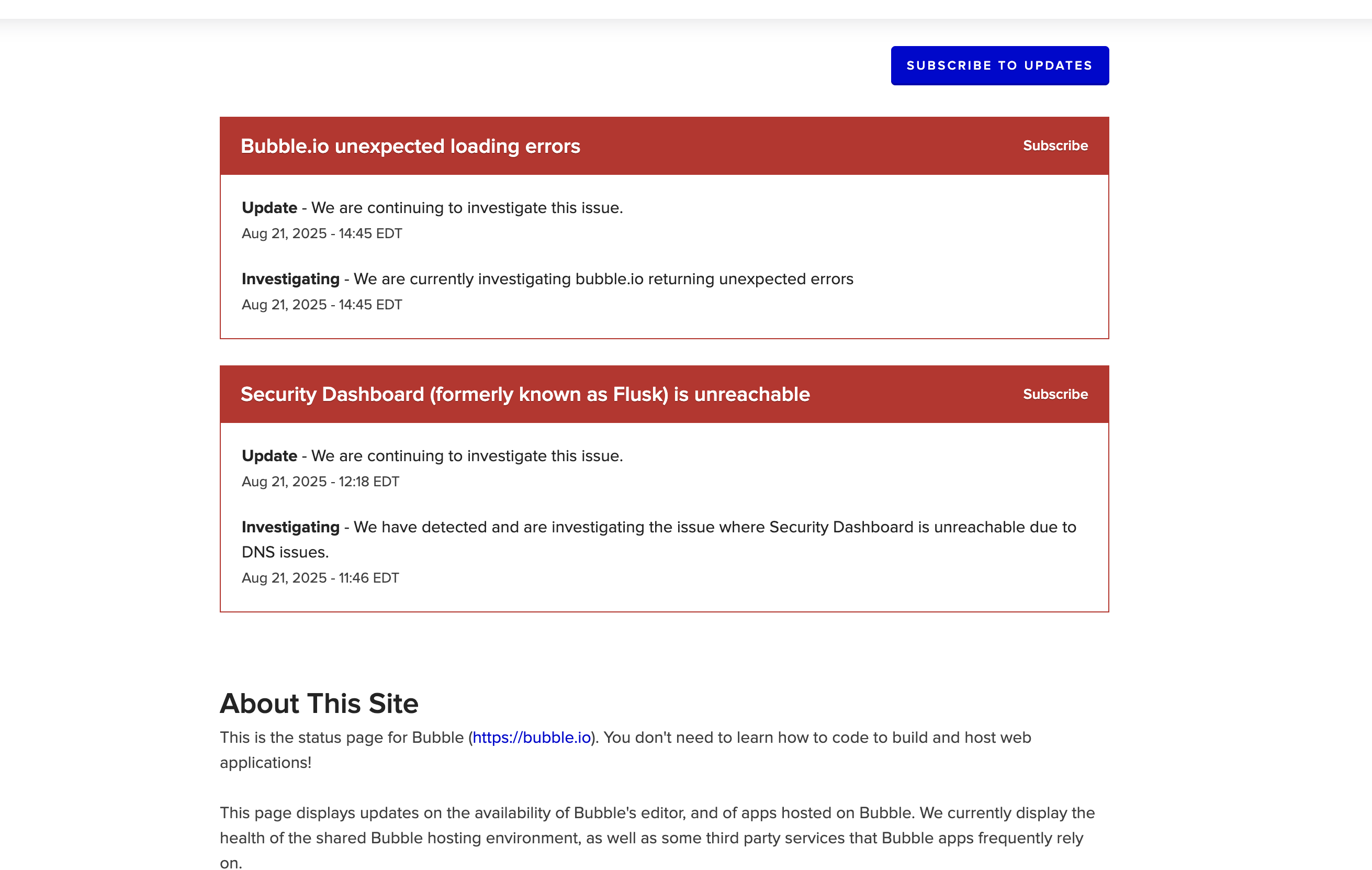 [RESOLVED] Log in & Page Load | Bubble Is Down · Assistable.ai
