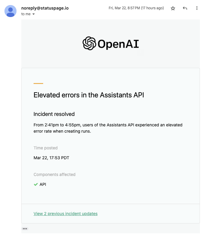 OpenAI Error Rates Resolved · Assistable.ai