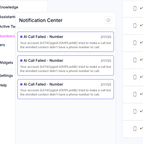 Ai calls are being failed. tried refreshing numbers, not working. · Assistable.ai