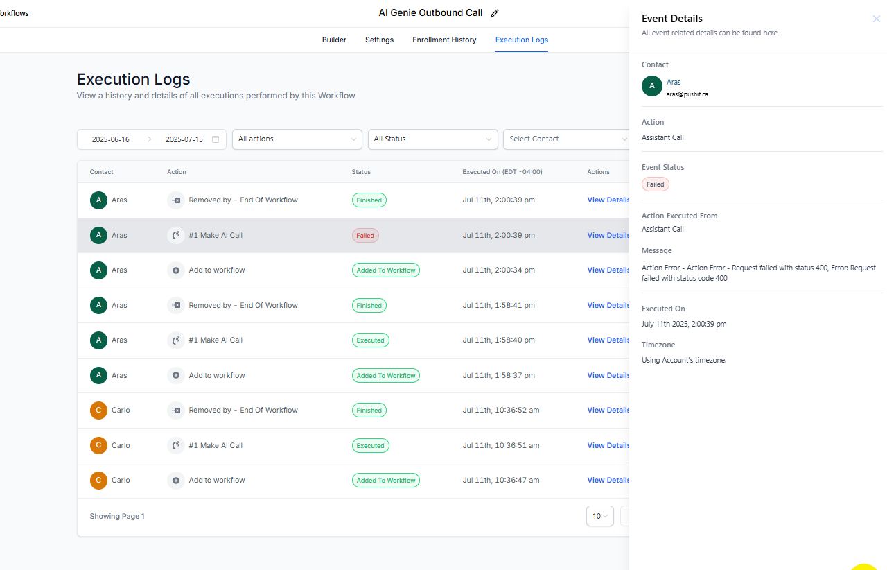 Error 400 outbound call · Assistable.ai