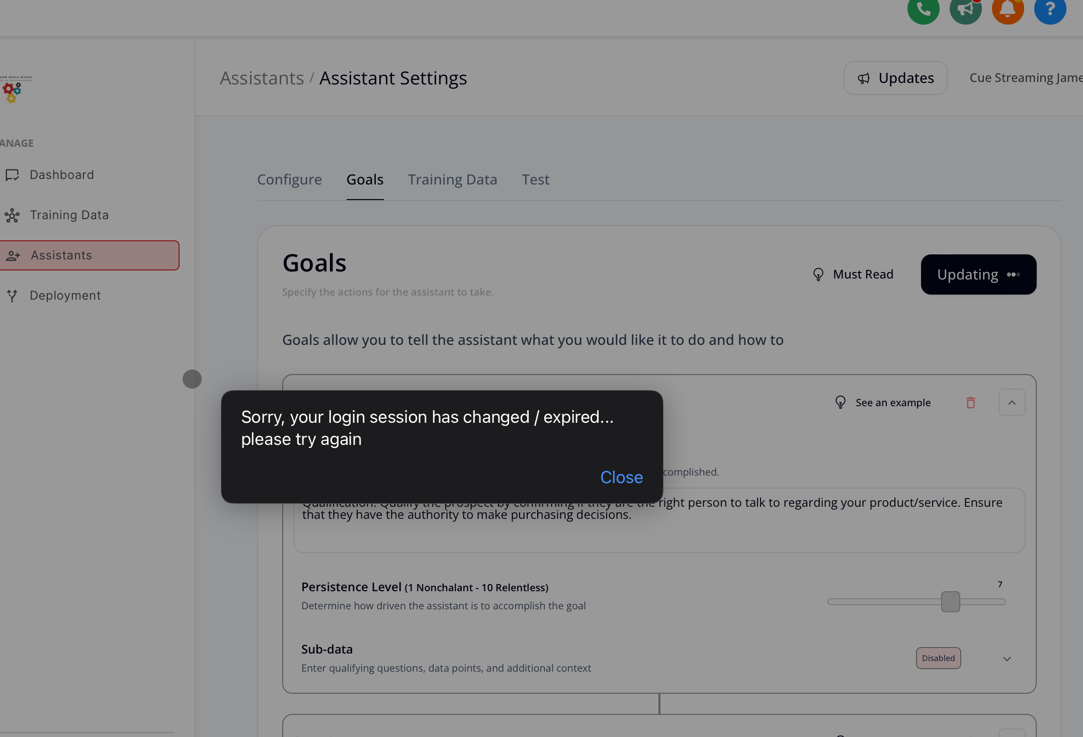 Updating goals · Assistable.ai