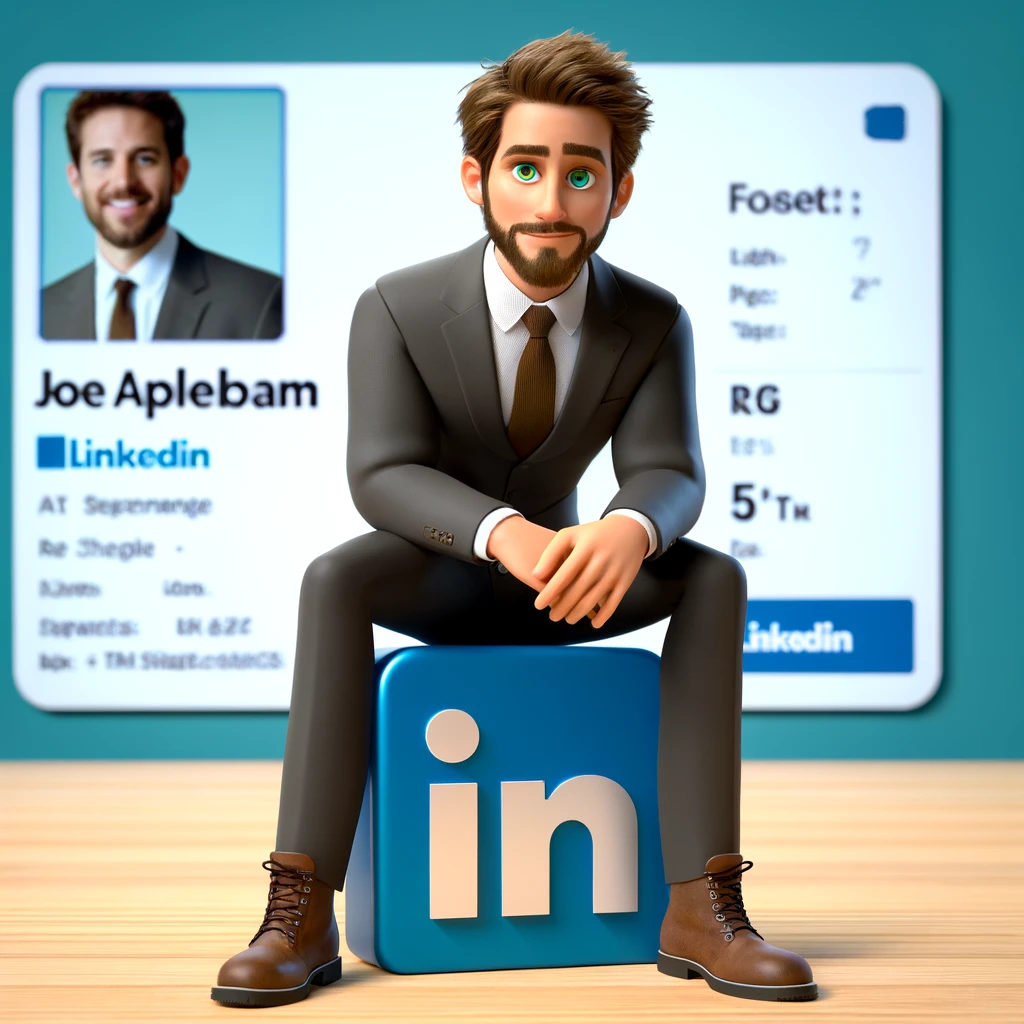 Linkedin Cartoon Character Sitting On Logo · AI for LinkedIn - evyAI.com