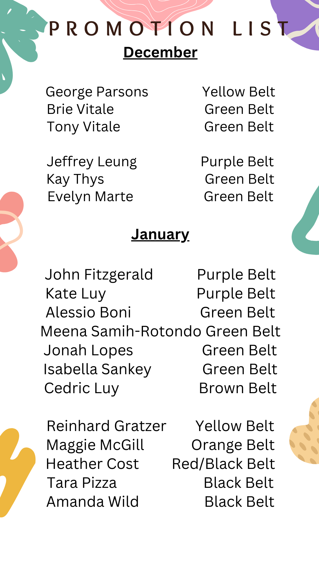 December and January Promotion List · Bochner's Studio