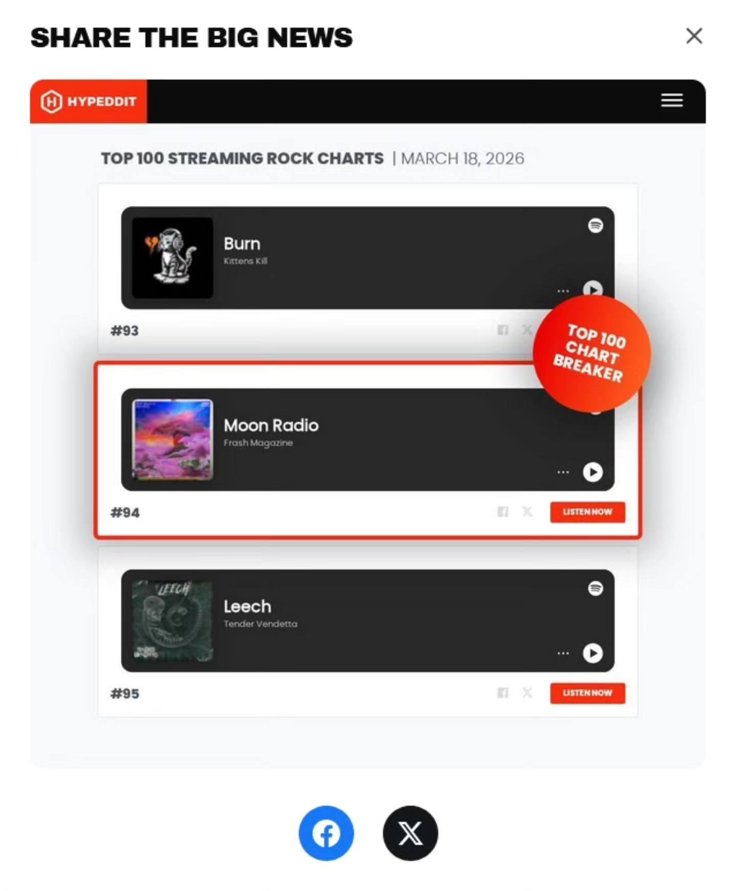 We're #92 on Hypeddit Top 100 Rock Charts! · Elevate Your Craft