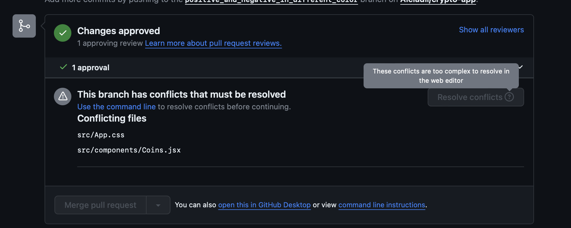 Conflict too complex to resolve in web editor in Git · Developer Pro