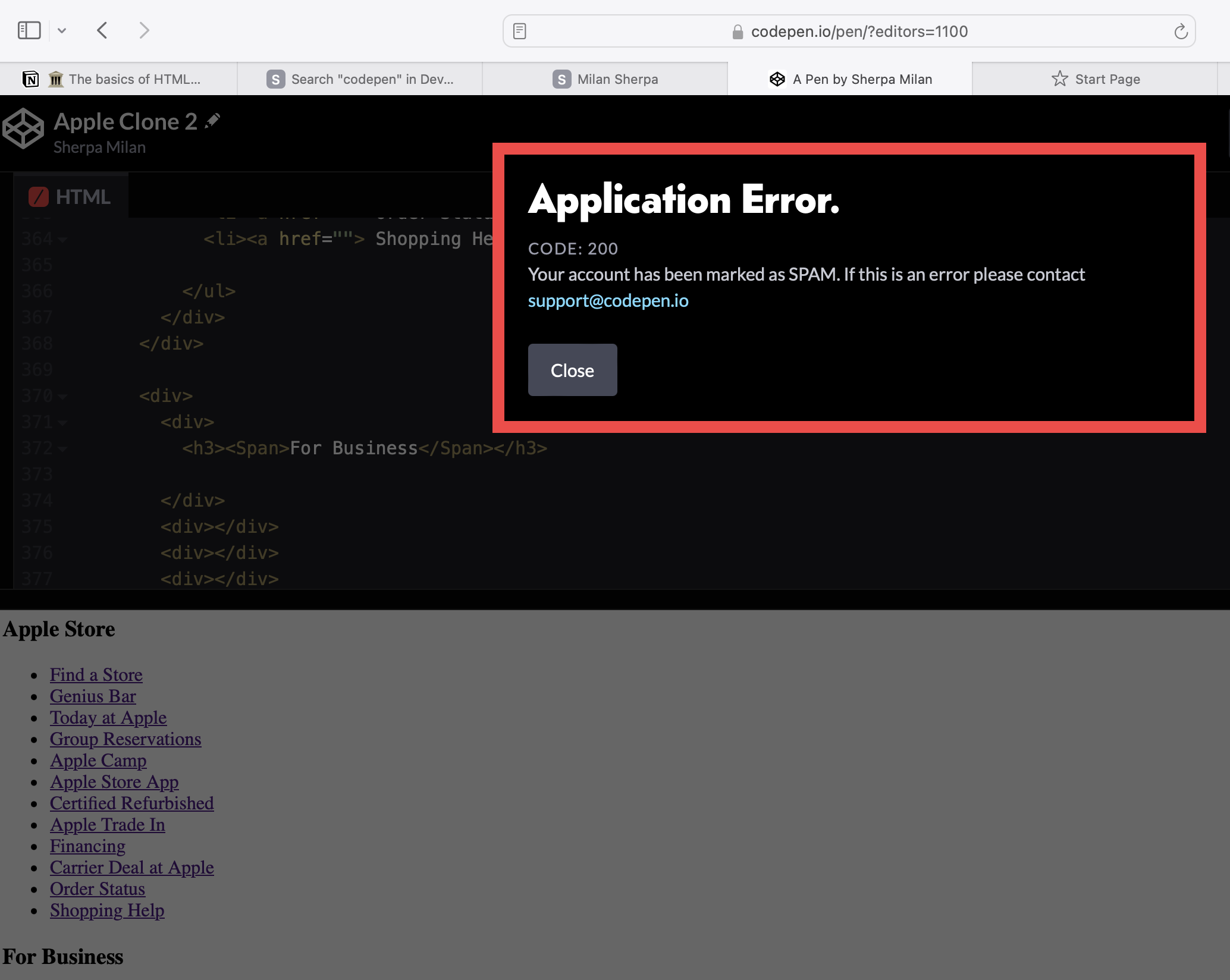 Codepen account is marked as Spam- can't save the work. · Developer Pro