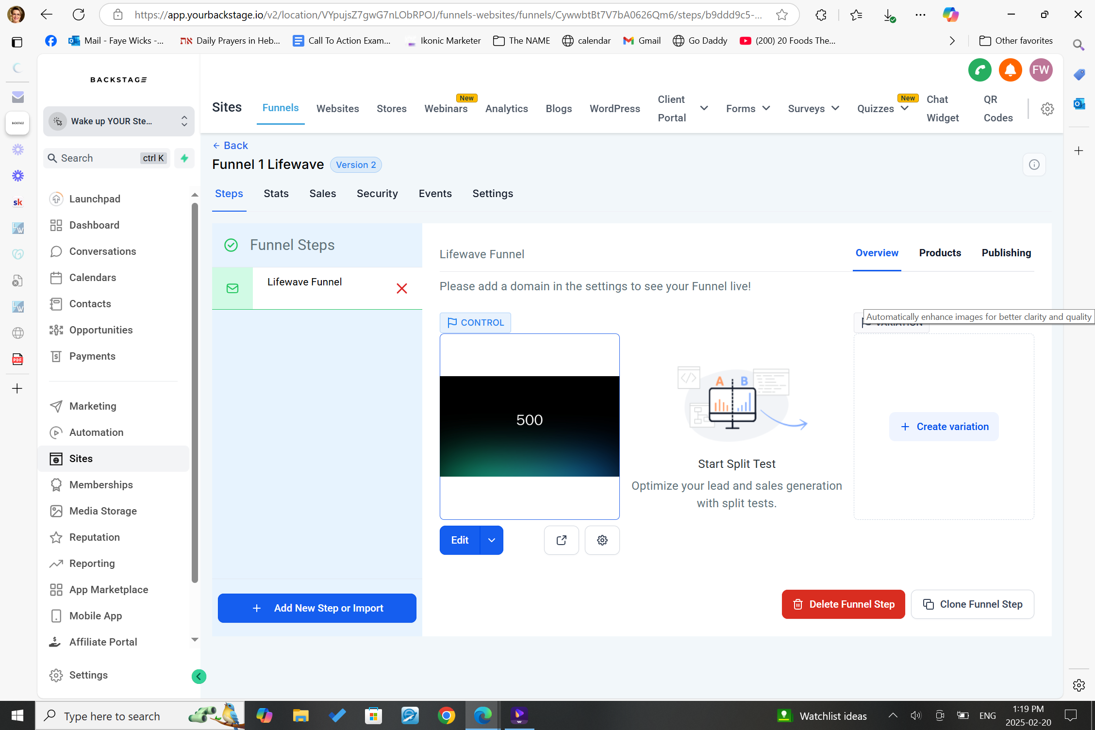 Funnel screen showing 500 · BACKSTAGE