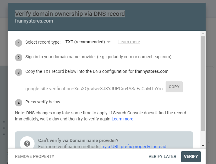 UNABLE TO Verify domain ownership via DNS record · Max Business School™
