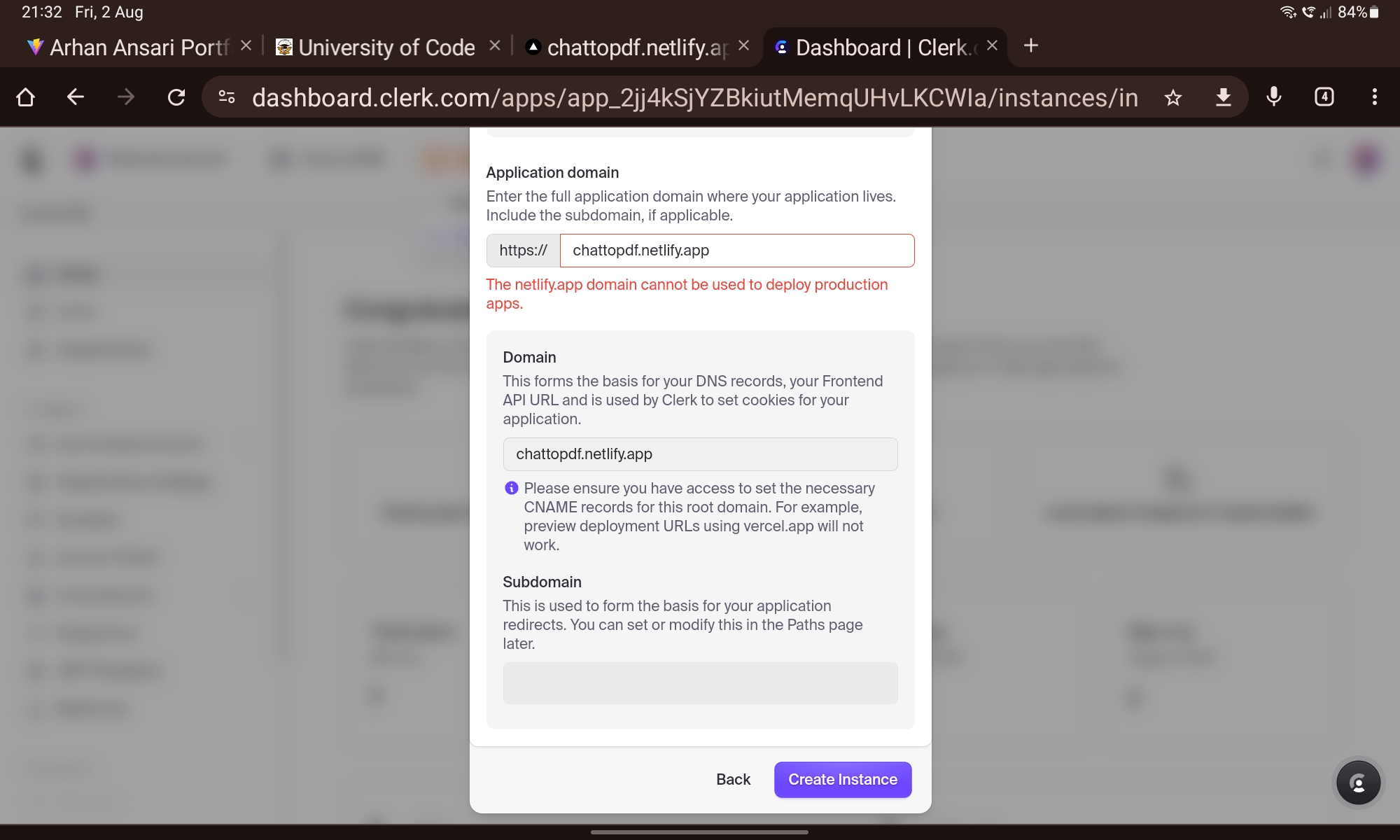Not able to make production application on Clerk · University of Code