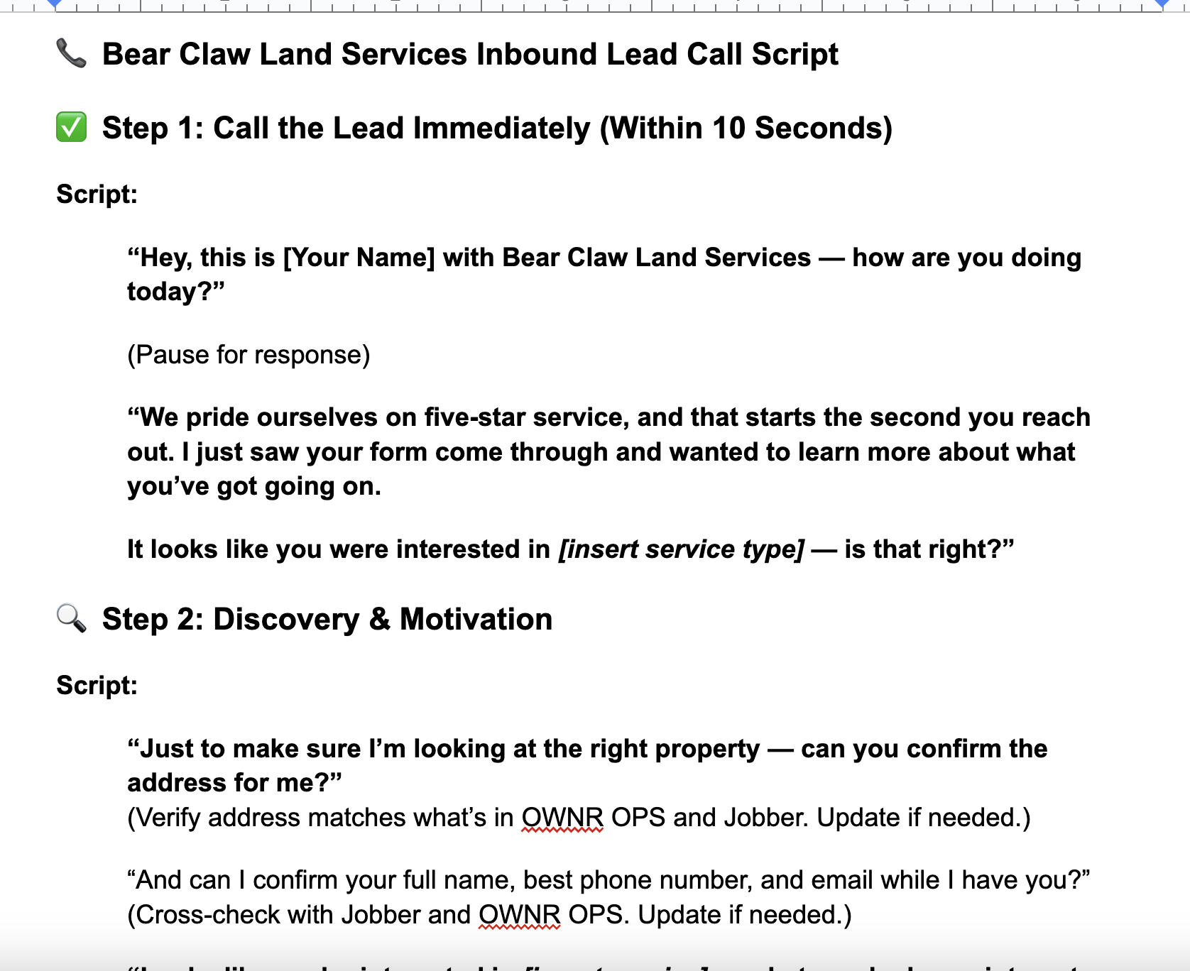 Inbound Lead Call Answering Script (Free Template) · OWNR OPS