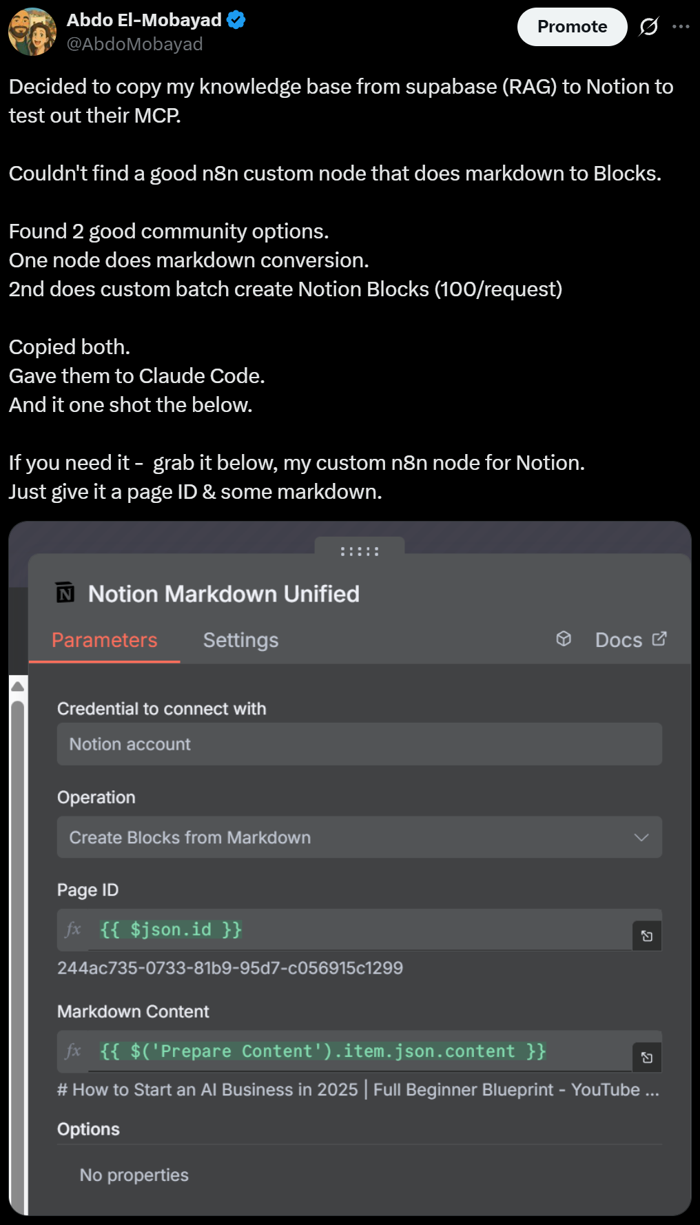 Notion Markdown to Blocks Custom N8N Node! · AI Automation Society