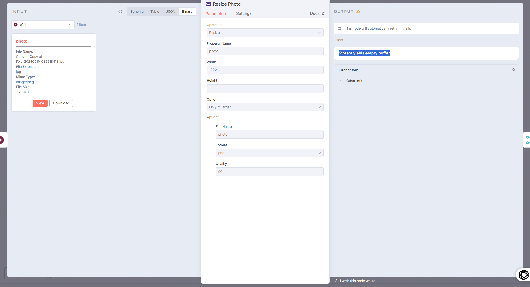 Problem in node ‘Resize Photo‘ Stream yields empty buffer. · AI ...