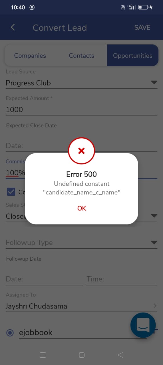 Unable To Convert Lead In To Opporunity Using Mobile Device Sangam