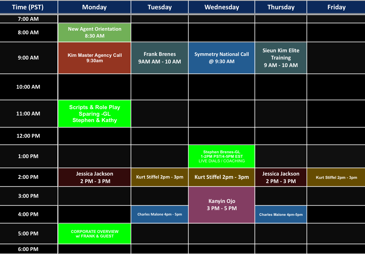 *Updated Weekly Dojo Calendar* · Peterson Agency Success Group