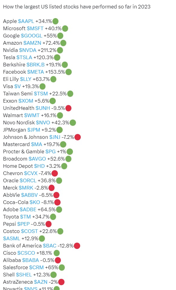 How the largest US listed stocks have performed so far in 2023 · DSE ...
