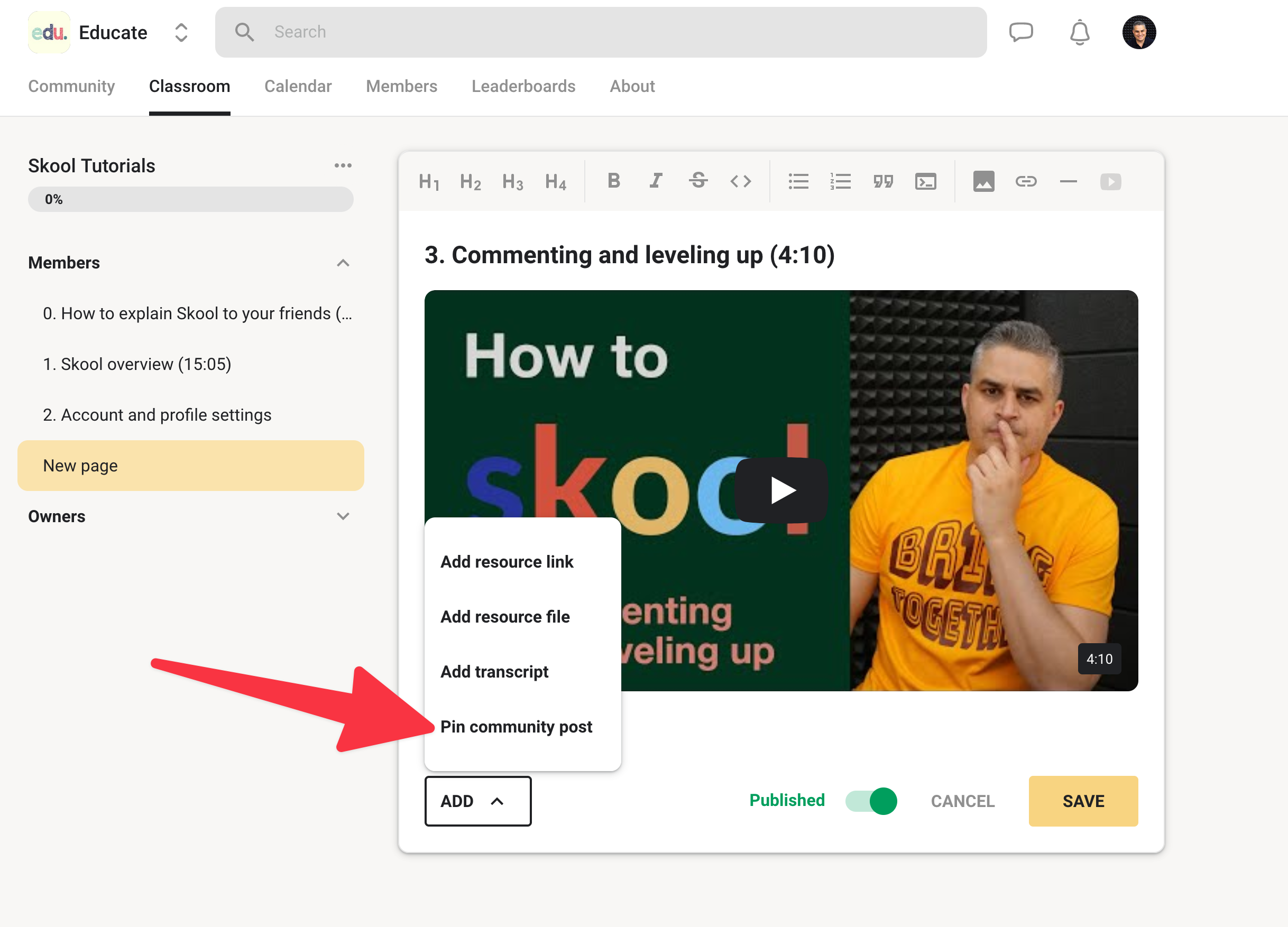 "Pin community post" message added to Pages · Educate with Skool