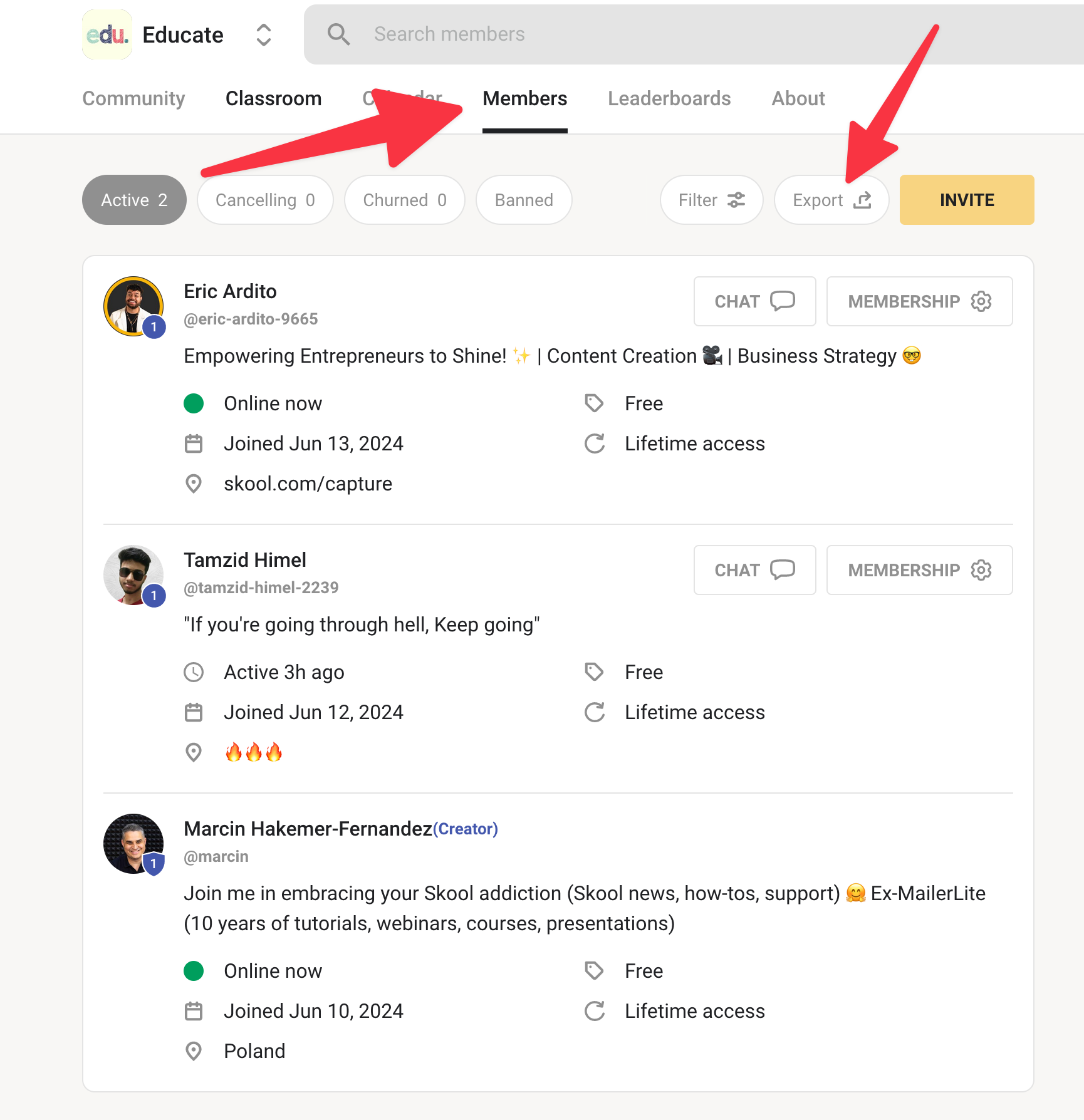 You can now export your members' email addresses in paid groups · Educate with Skool