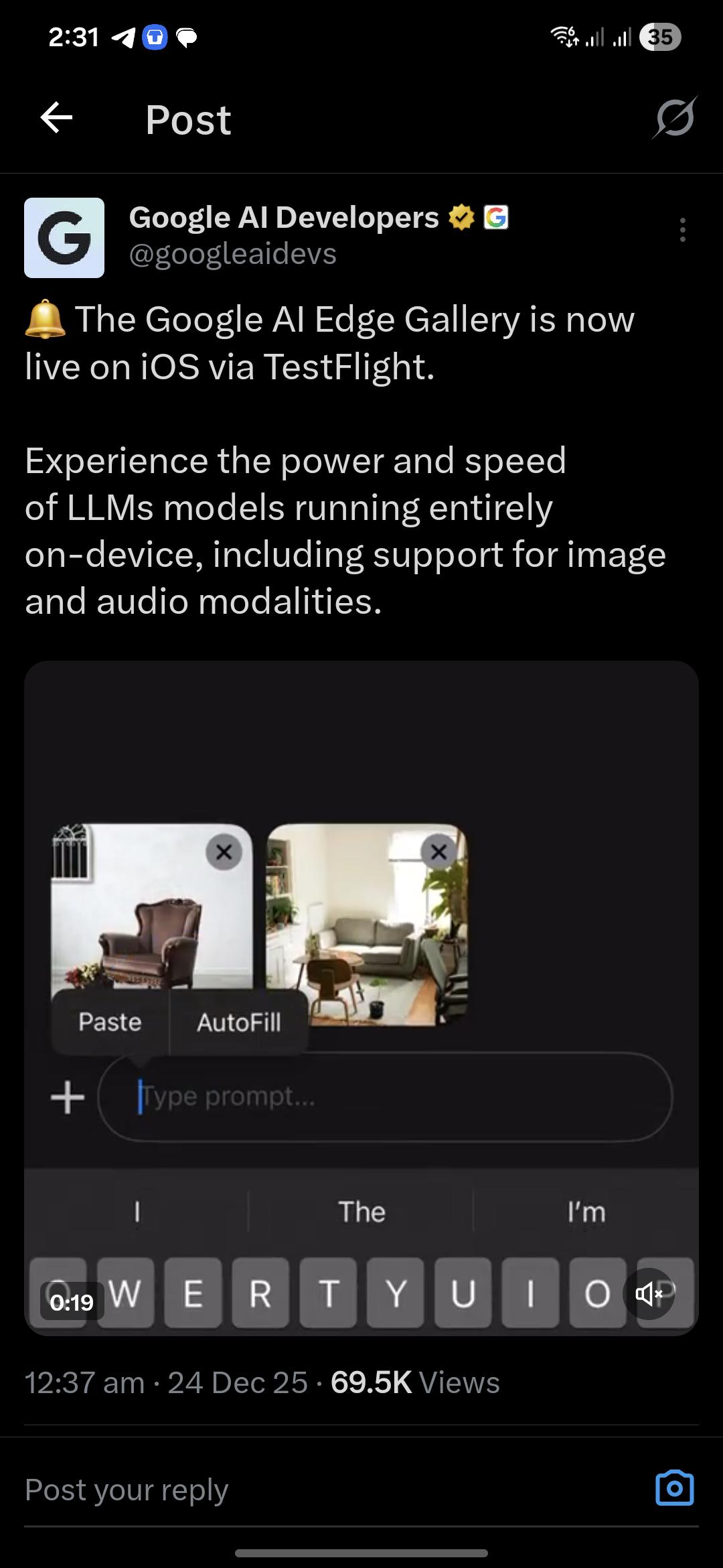 The Google Al Edge Gallery is now live on iOS via TestFlight. · Brendan ...