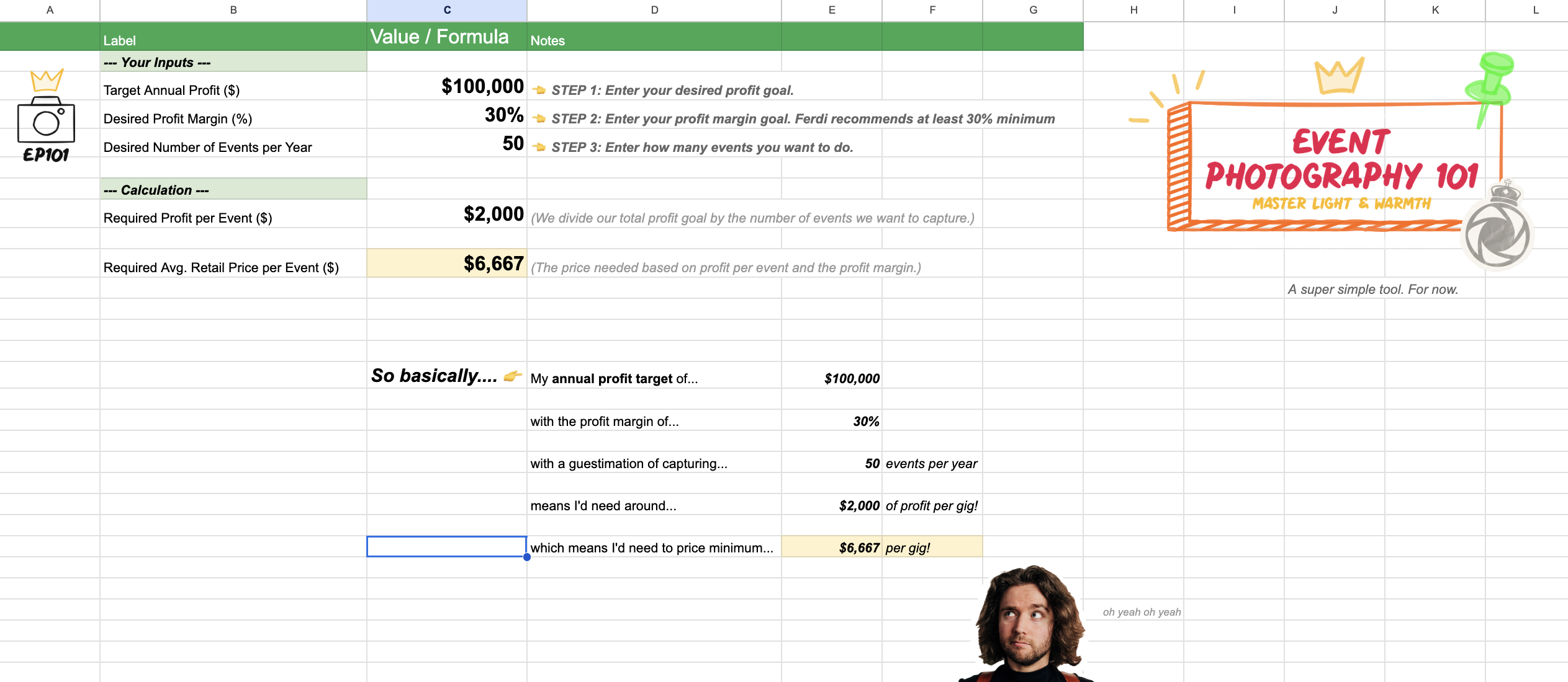 Price Brainstormer Excel Spredsheet · Event Photography 101 📸 🥳