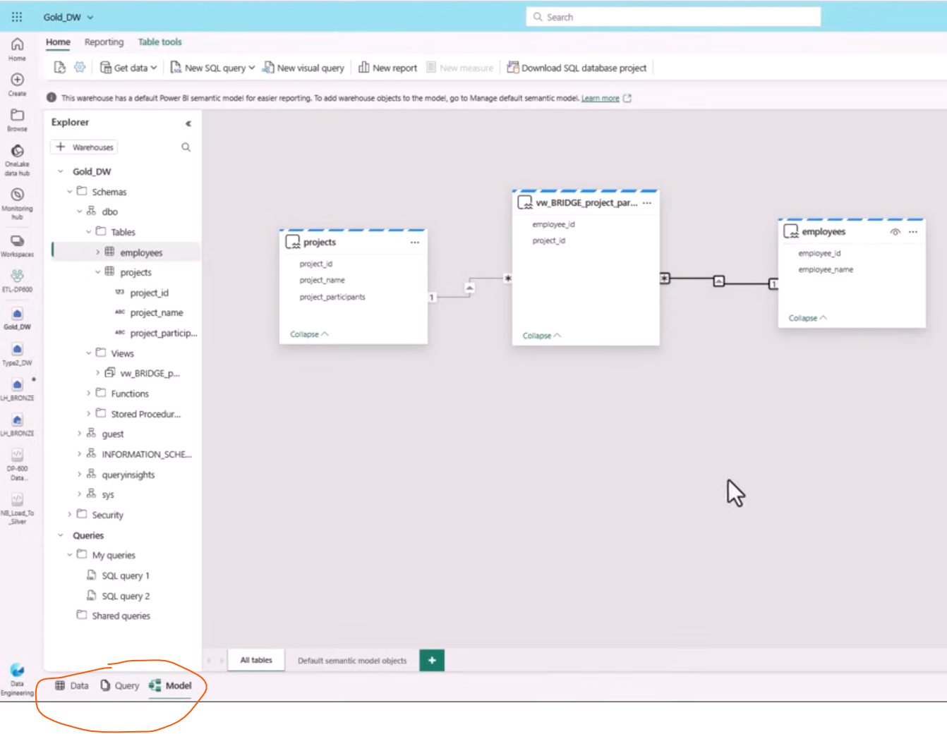 Fabric DW - Data, Query, Model view · Learn Microsoft Fabric